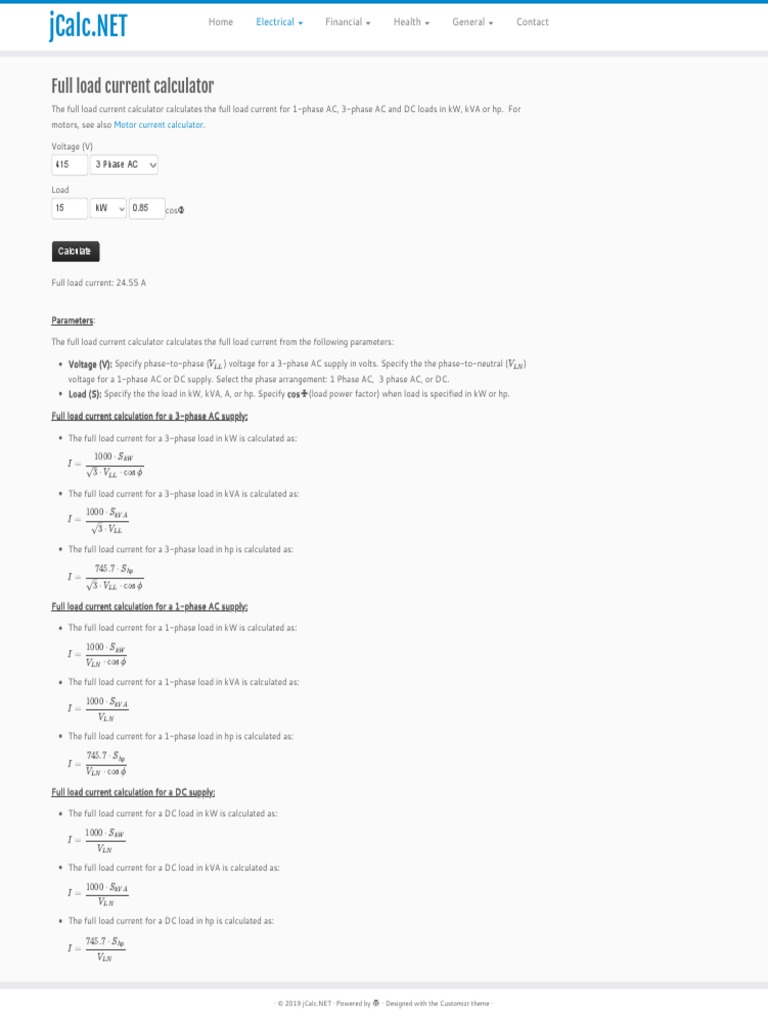 Full Load Current Calculator | PDF | Alternating Current | Direct Current