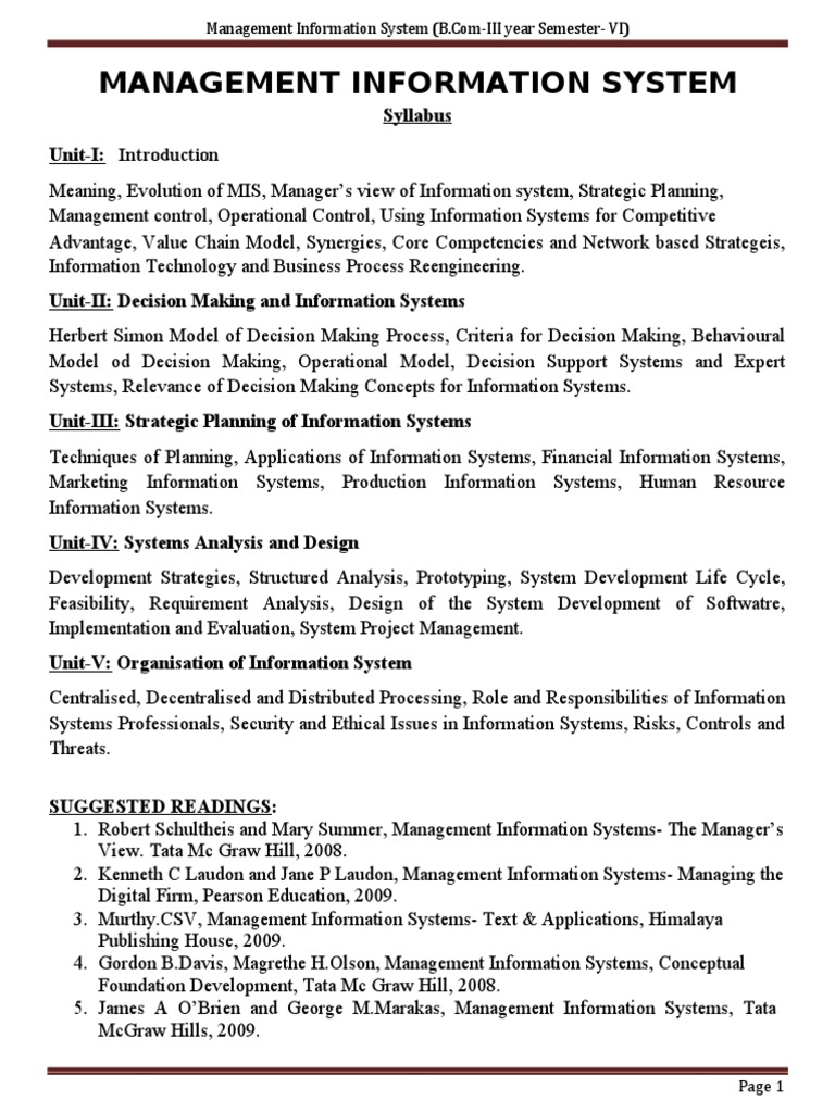 Management Information System: Syllabus Unit-I | PDF | Strategic ...