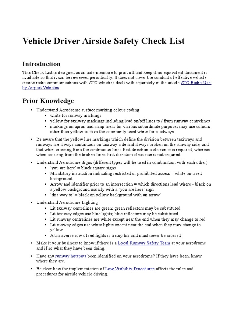 Vehicle Driver Airside Safety Check List: ATC Radio Use by Airport ...