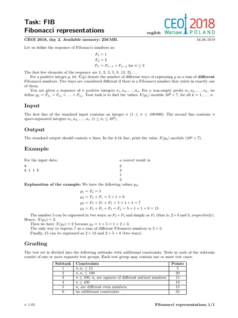 Task: FIB Fibonacci Representations: Input | PDF | Sequence | Number Theory