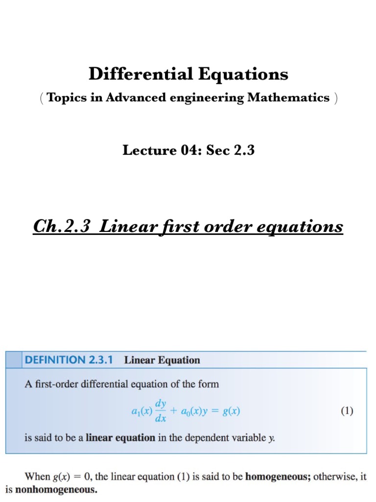 Differential Equations: Ch.2.3 Linear First Order Equations | PDF ...