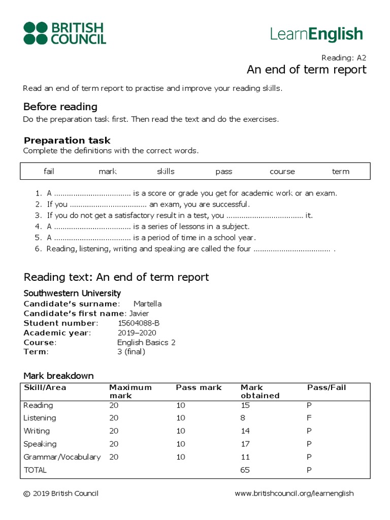 An End of Term Report: Before Reading | PDF | Test (Assessment) | Pedagogy