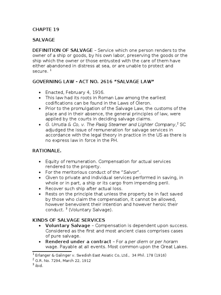 Chapte 19 Salvage DEFINITION OF SALVAGE - Service Which One Person ...