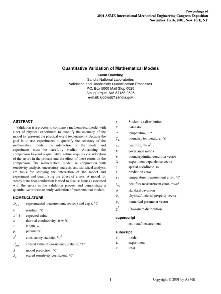 Quantitative Validation of Mathematical Models: Kevin Dowding | PDF ...