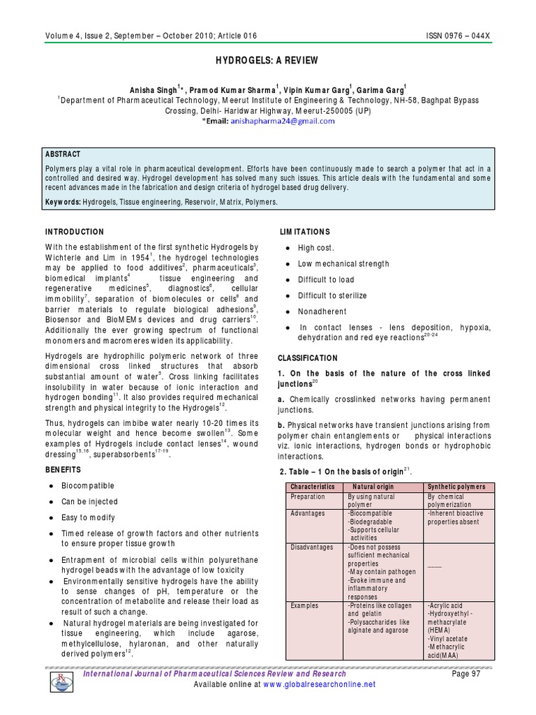 Hydrogels Review: Structure, Classification and Applications | PDF ...