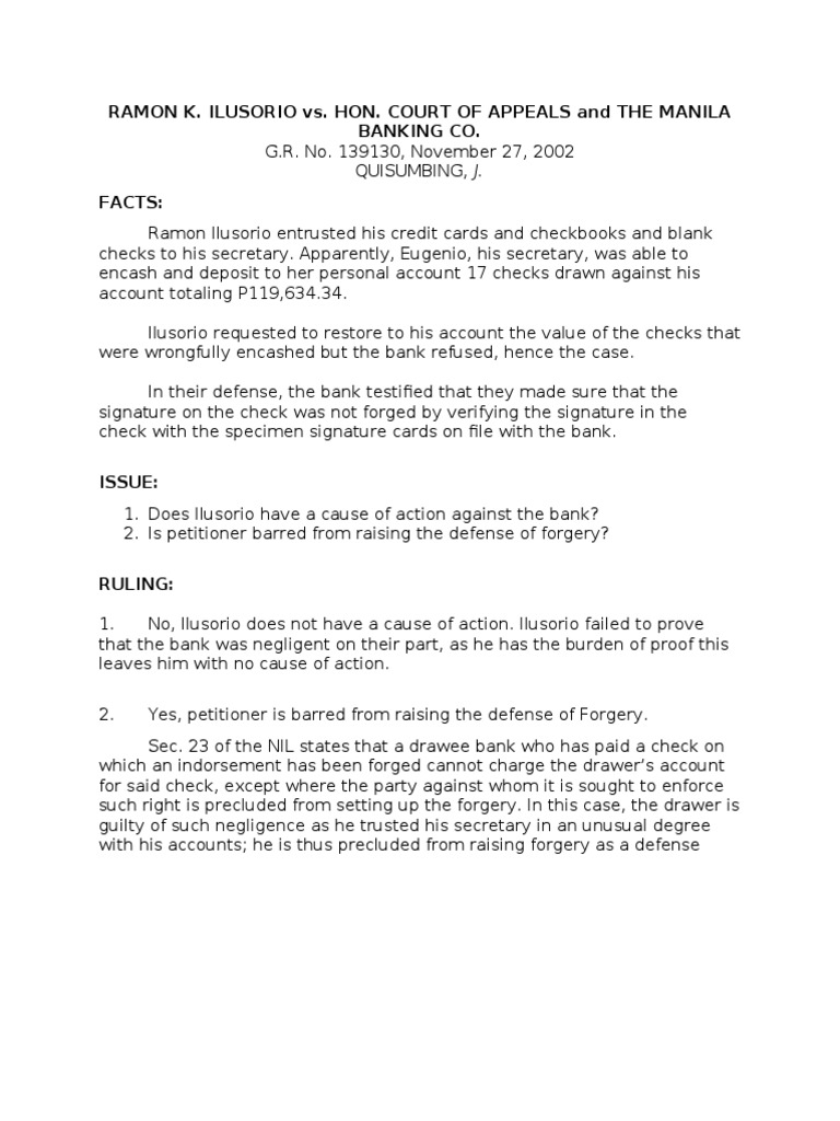 Ramon K. Ilusorio vs. Hon. Court of Appeals and The Manila Banking Co | PDF