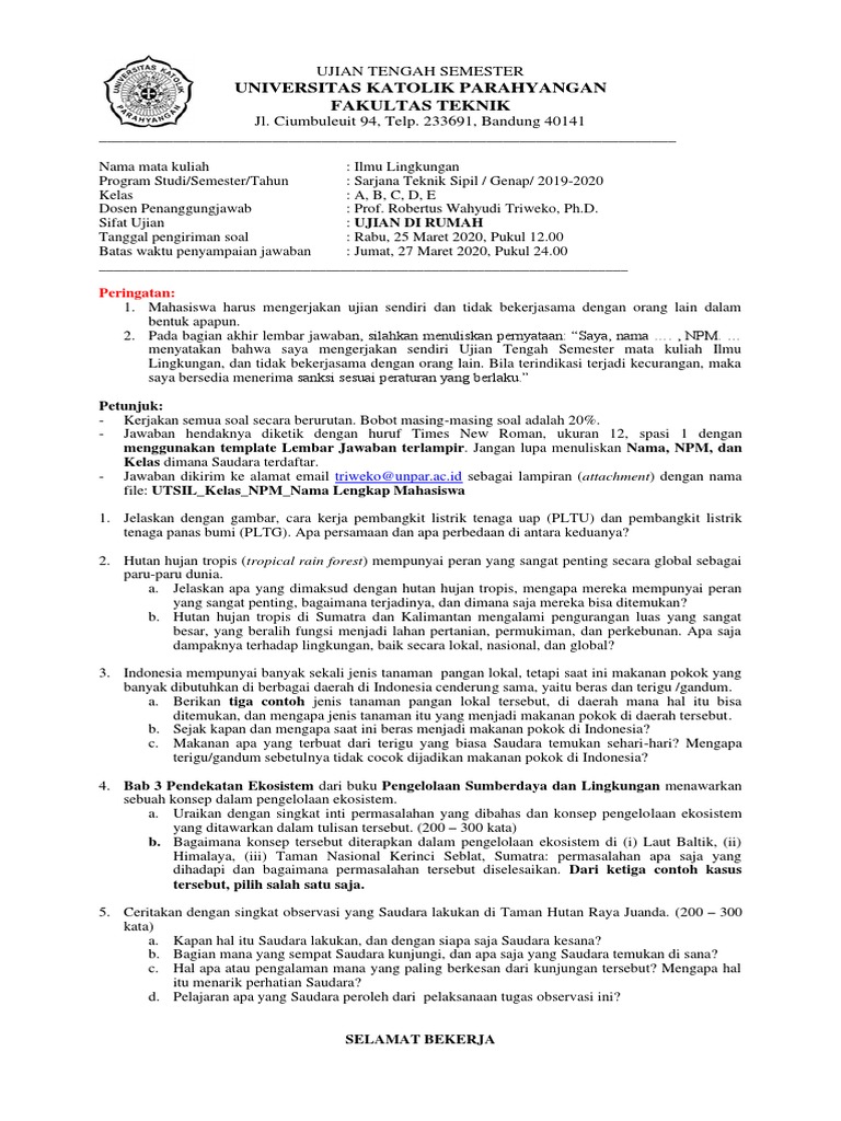 Soal UTS Ilmu Lingkungan Genap 2019 2020 | PDF