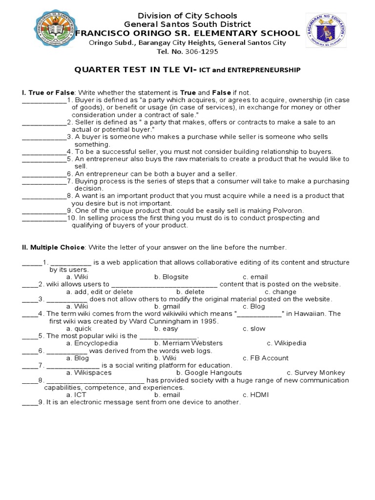 Grade 6 First Periodical Test in EPP | PDF | Wiki | Sales