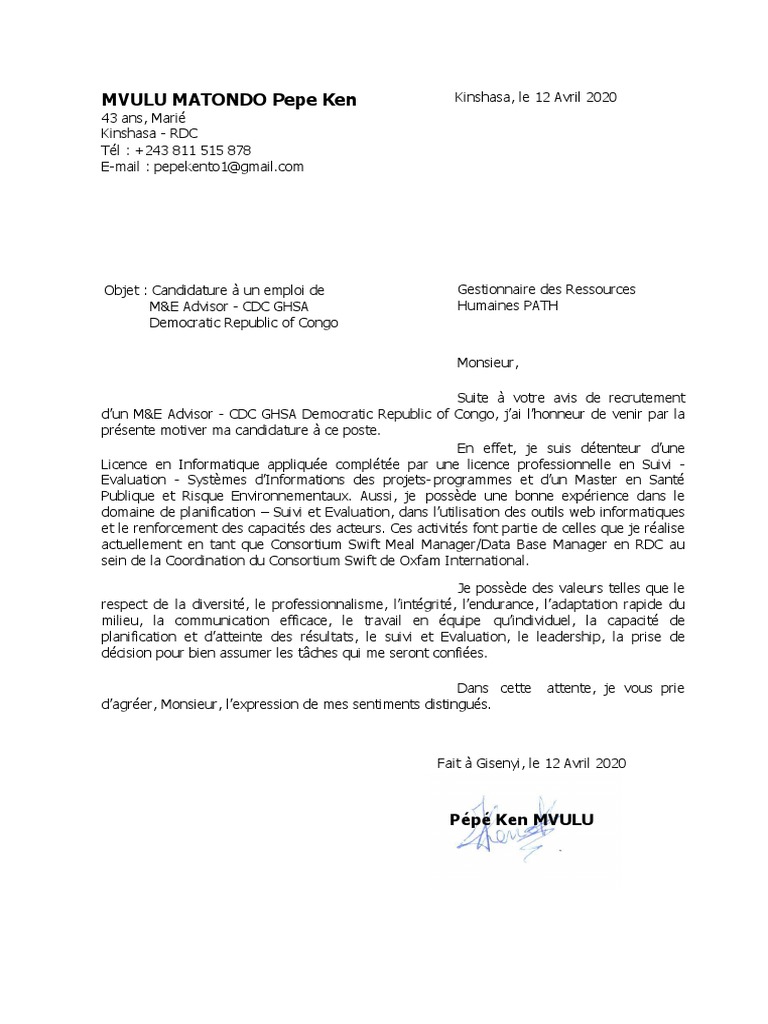 Lettre de Motivation Pepe Ken Mvulu PDF | PDF