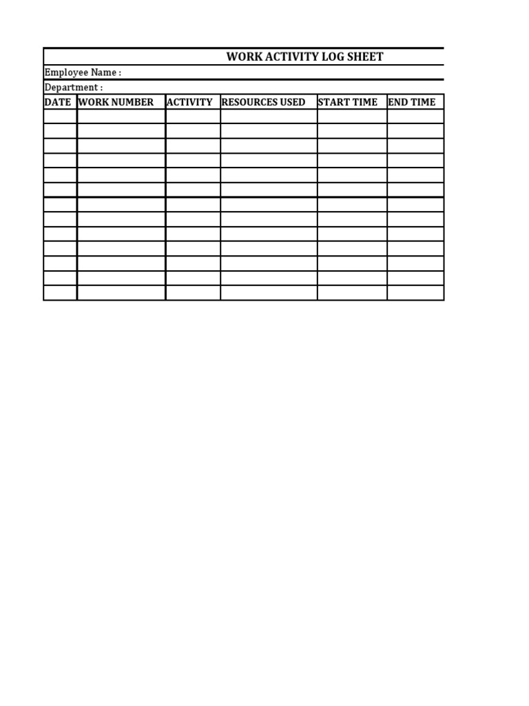 Work Activity Log Sheet: Date Work Number Activity Resources Used Start ...