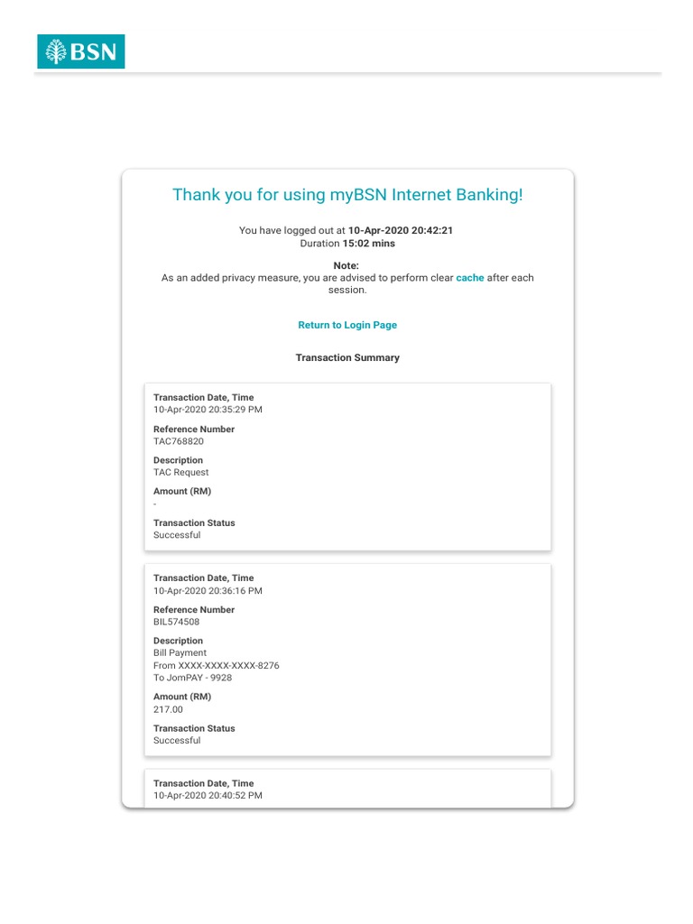 myBSN Internet Banking Logout Summary | PDF