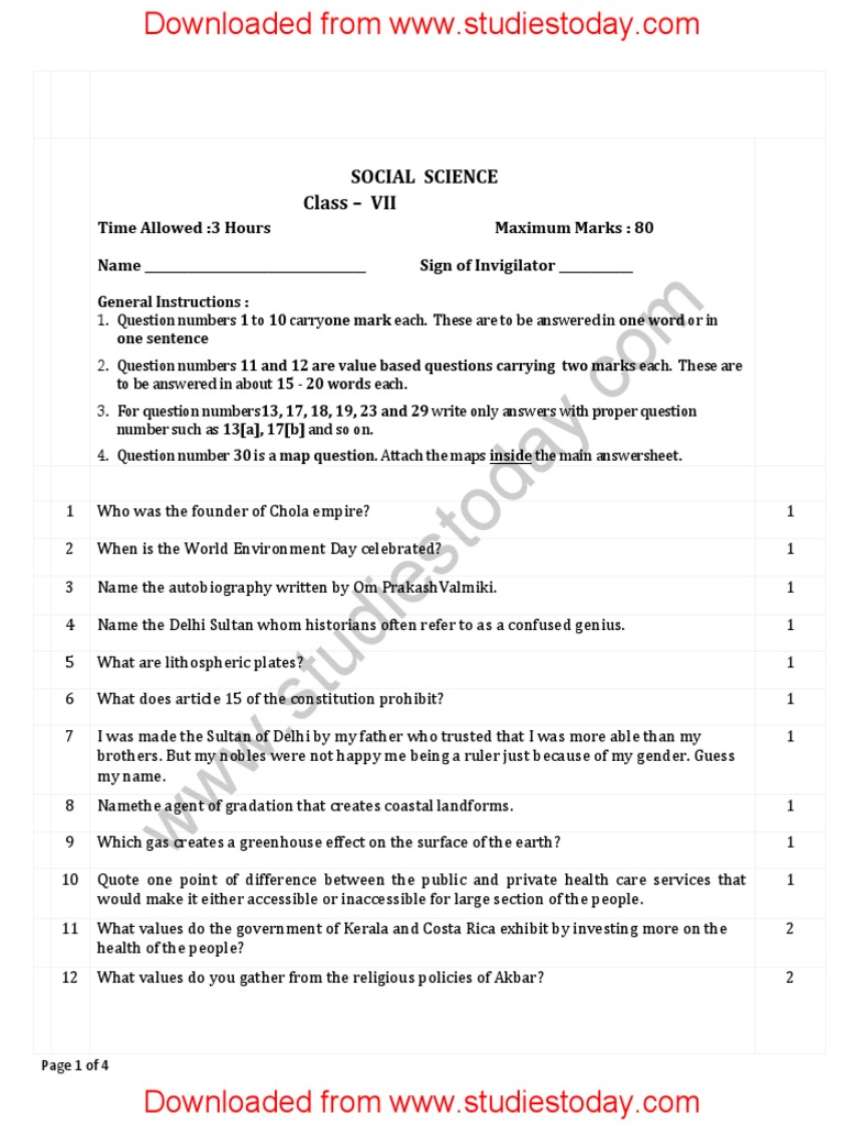 CBSE Class 7 Social Science Question Paper Set C | PDF | Rock (Geology ...