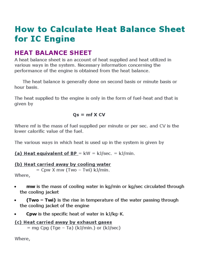 Heat Balance Sheet For IC Engine | PDF