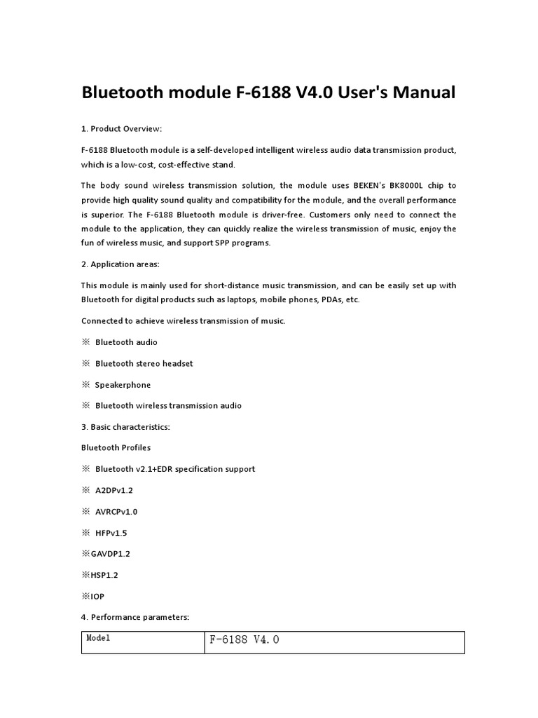 Bluetooth Module F-6188 V4.0 User's Manual | PDF | Bluetooth | Wireless