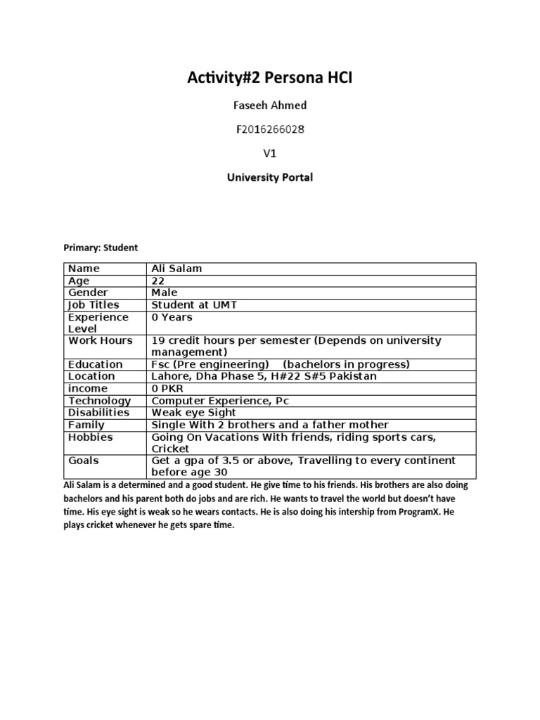 Activity#2 Persona HCI: Faseeh Ahmed F2016266028 V1 | PDF | Behavior ...