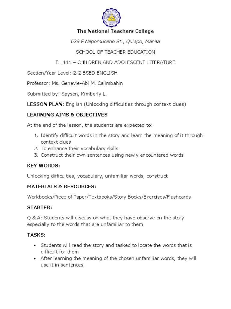 Context Clues Lesson Plan | PDF