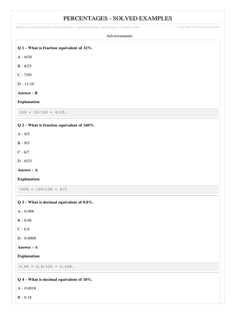 Aptitude Percentages Examples | PDF | Percentage | Government Finances