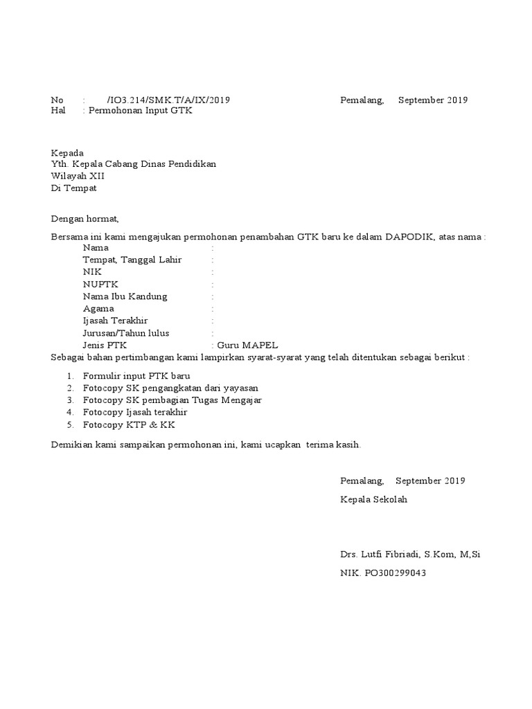 SUrat Permohonan Input GTK Baru | PDF