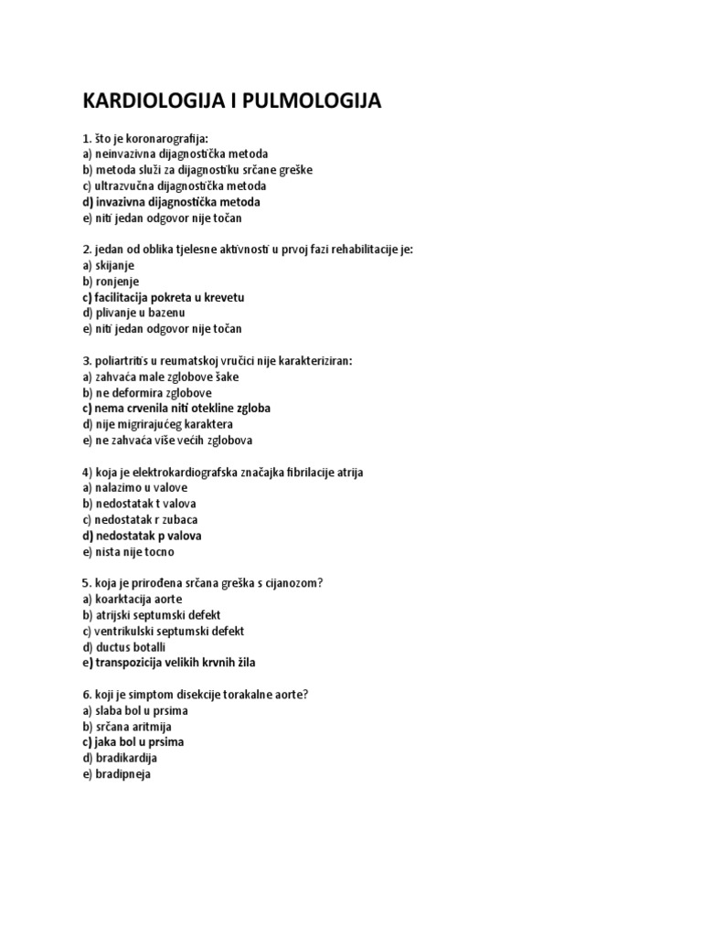 KARDIOLOGIJA I PULMOLOGIJA Sastavljena Pitanja | PDF
