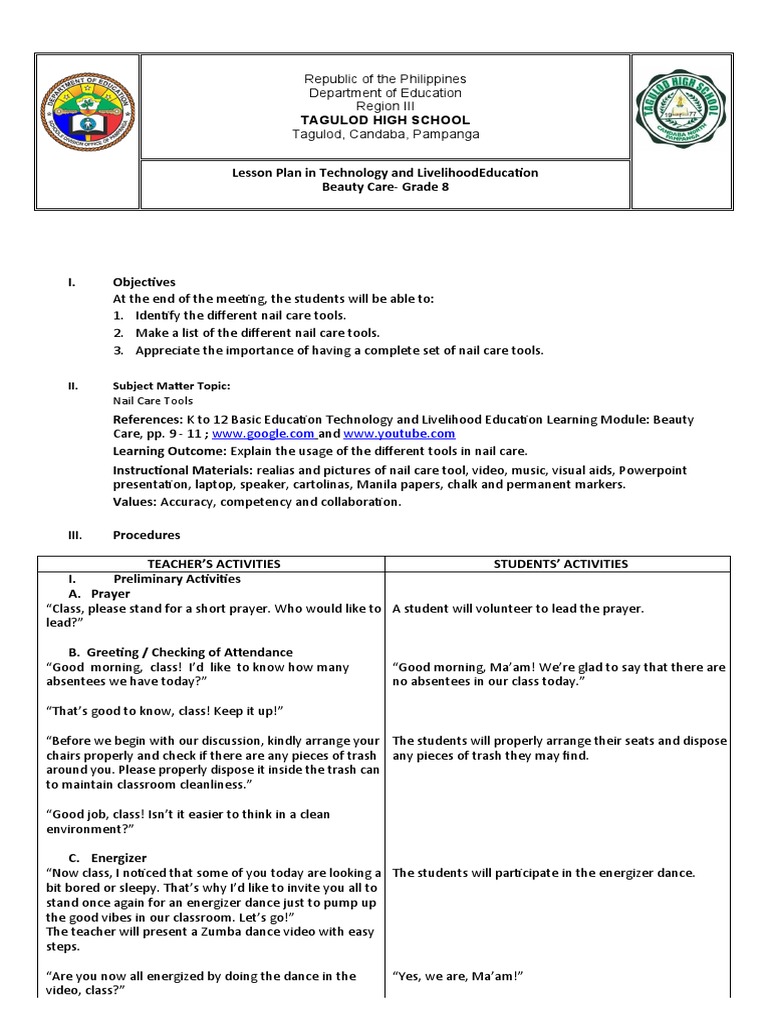 Detailed Lesson Plan in Beauty Care Nail Care Services | PDF | Nail ...