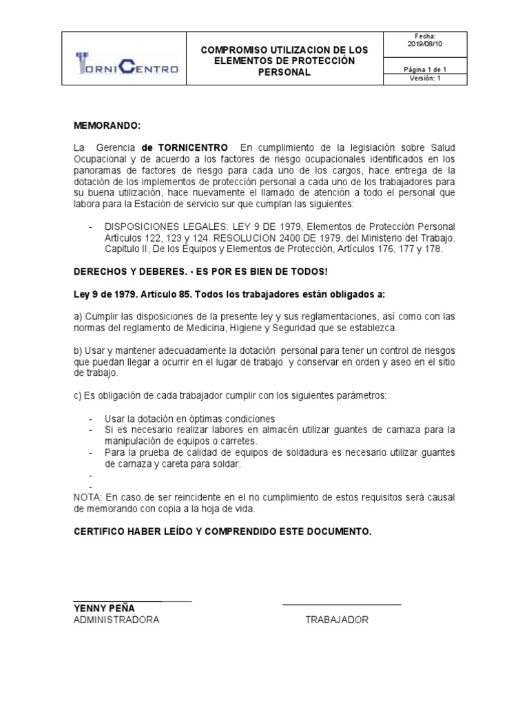 Carta de Compromiso Utilización de EPP | PDF