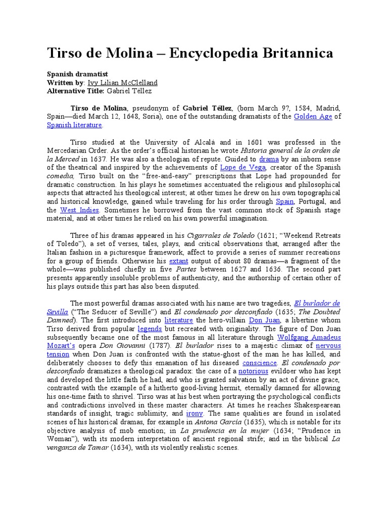 Tirso de Molina - Encyclopedia Britannica | PDF | Don Juan
