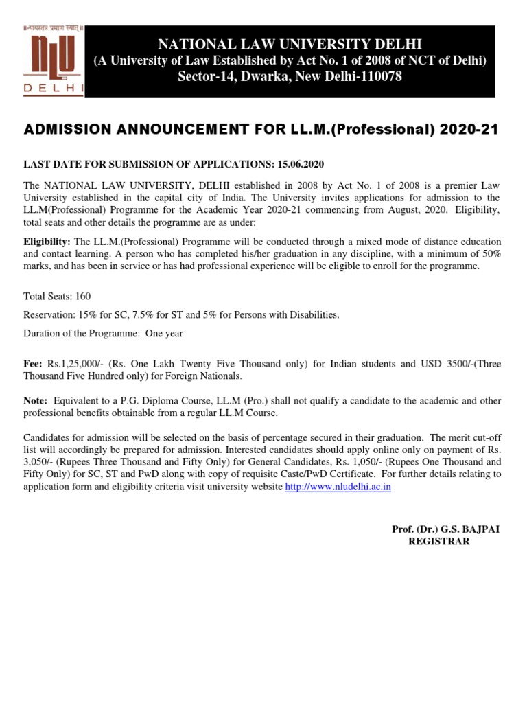 NLU Delhi LL.M. Professional Admission 2020 | PDF | Career & Growth