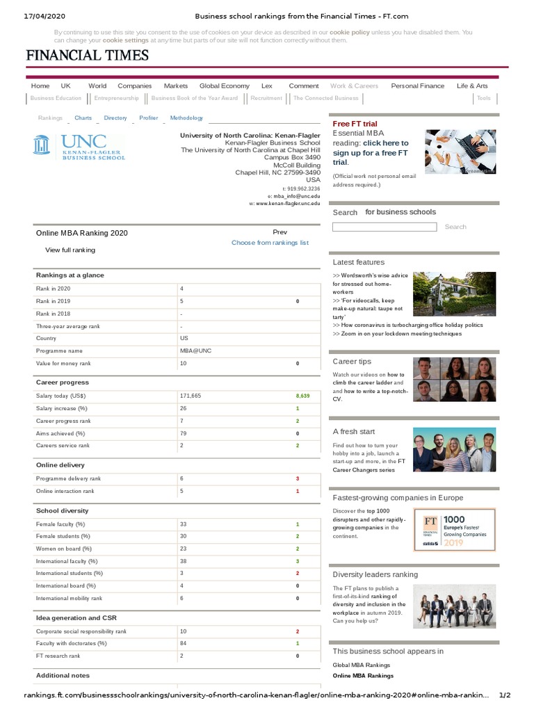 Online MBA Ranking 2020: University of North Carolina: Kenan-Flagler ...