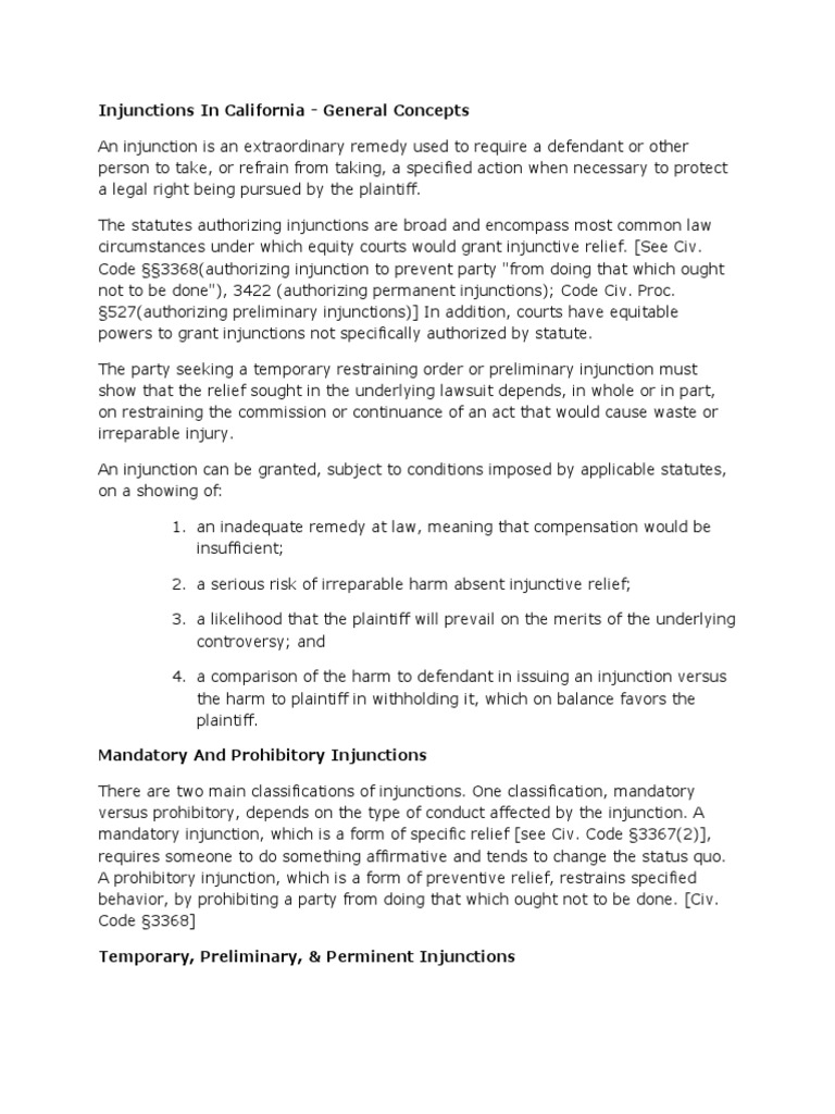 Injunctions in California - General Concepts | PDF | Injunction | Legal Remedy