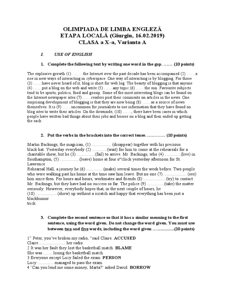 Subiecte OLIMPIADA (Faza Locala) 2019 | PDF | Blog | Crime & Violence