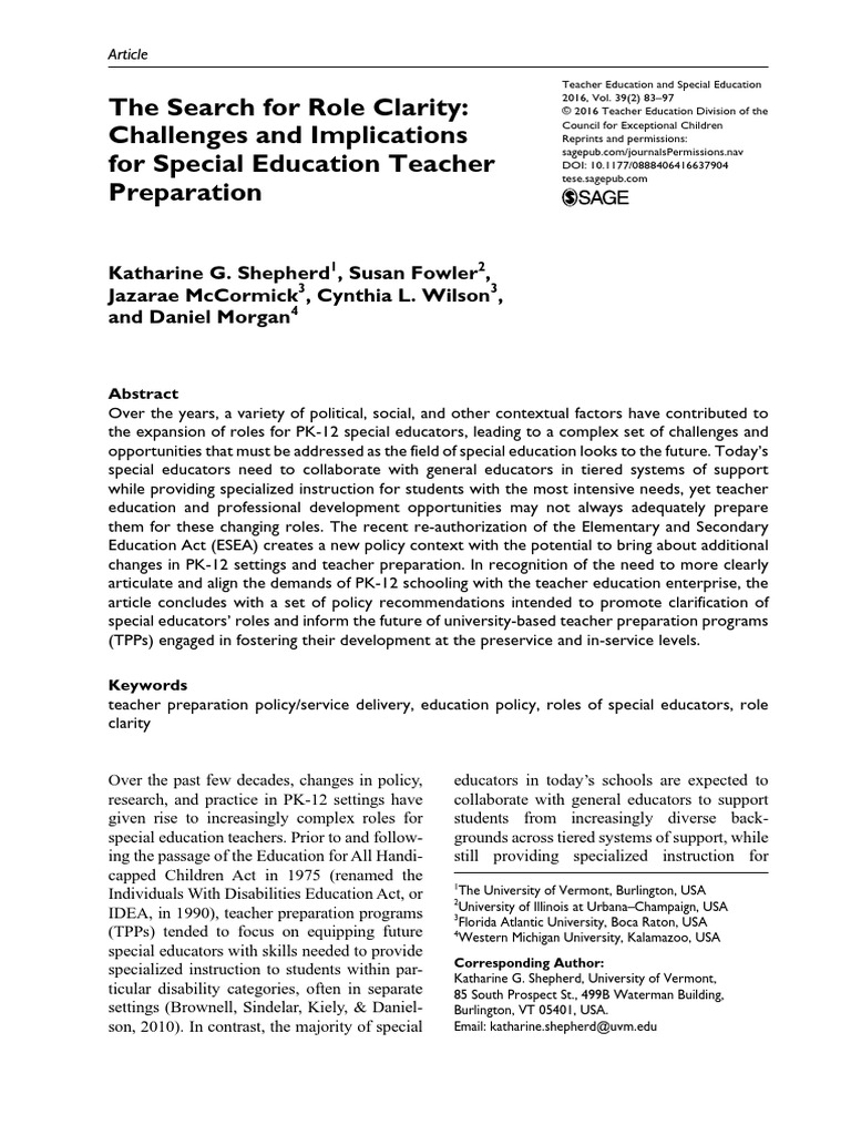 The Search For Role Clarity Challenges and Implications For Special ...