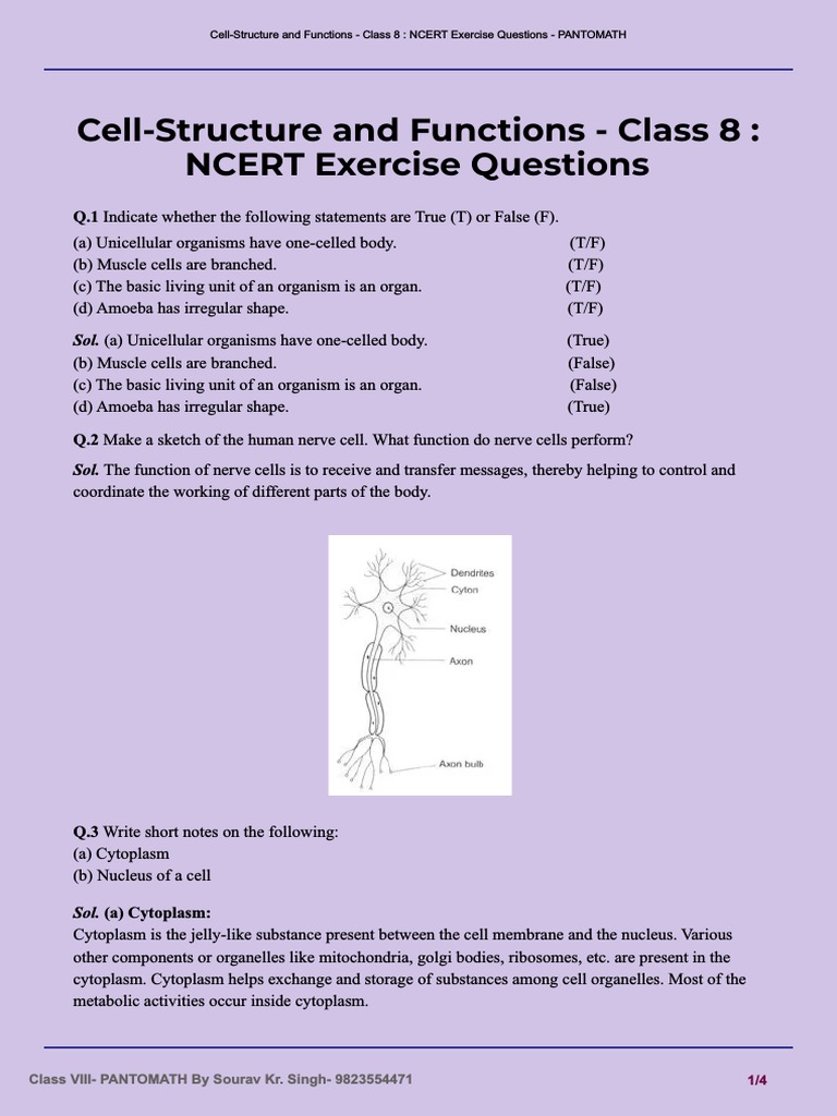 Cell-Structure and Functions - Class 8 - NCERT Exercise Questions ...