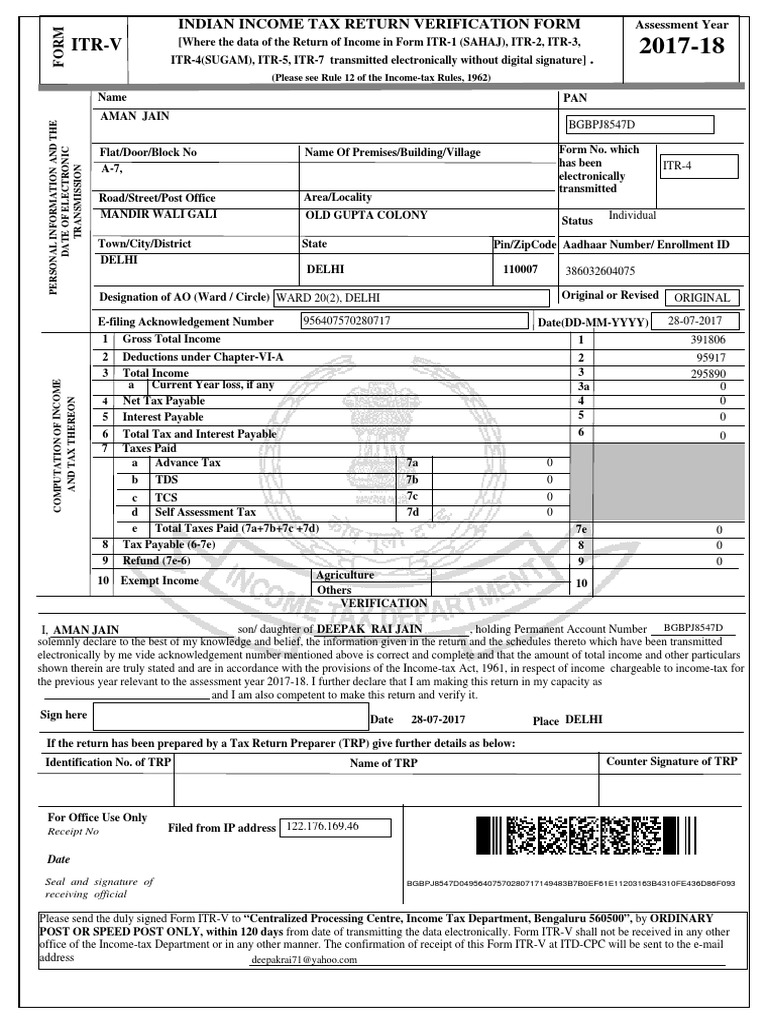 Aman Jain Itr (A.y.2017-18) | PDF | Income Tax In India | Income