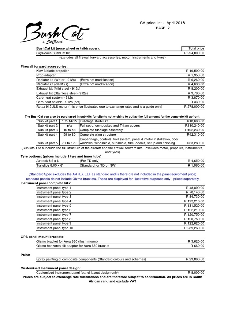 912s Bushcat SA Price List April 2018 Kit Options | PDF | Rear Wheel ...