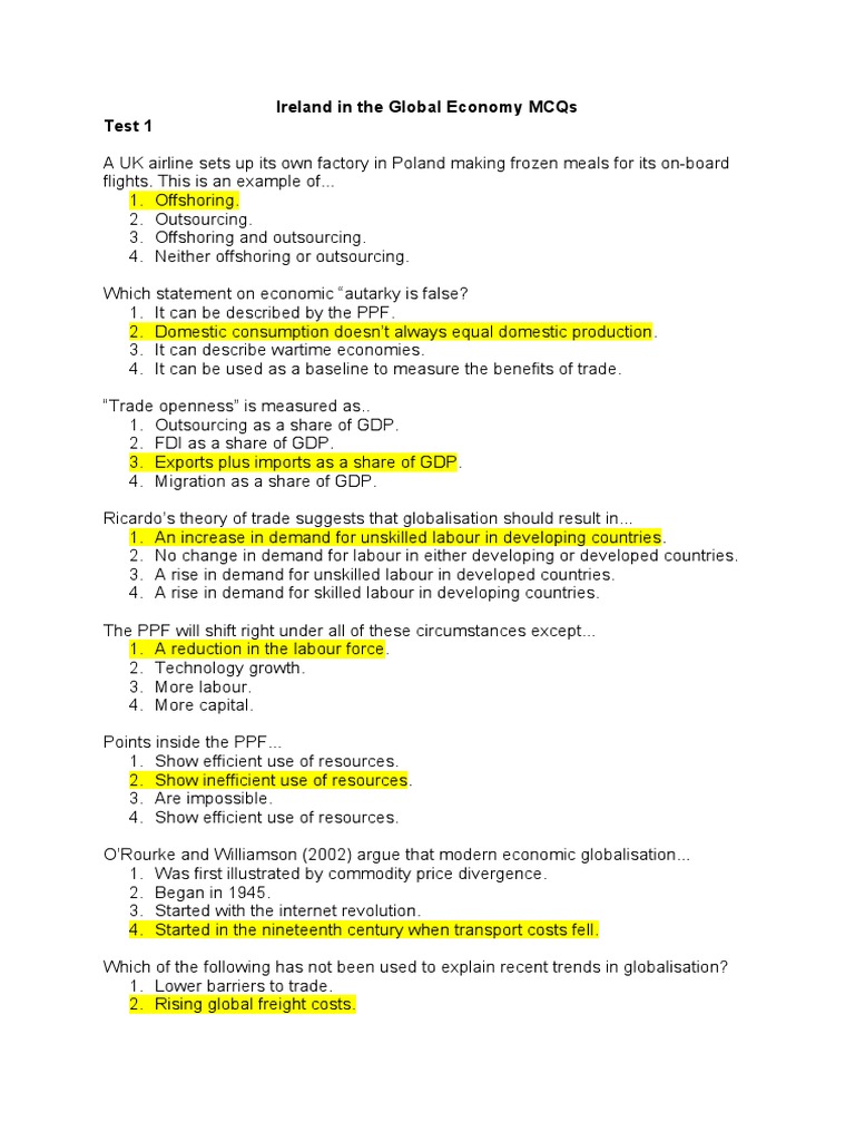 Ireland Global Economy MCQ Tests | PDF | Tariff | Inflation