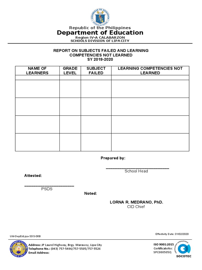 Blank Template-Report-on-Subject-Failed-and-Competencies-Failed-to ...