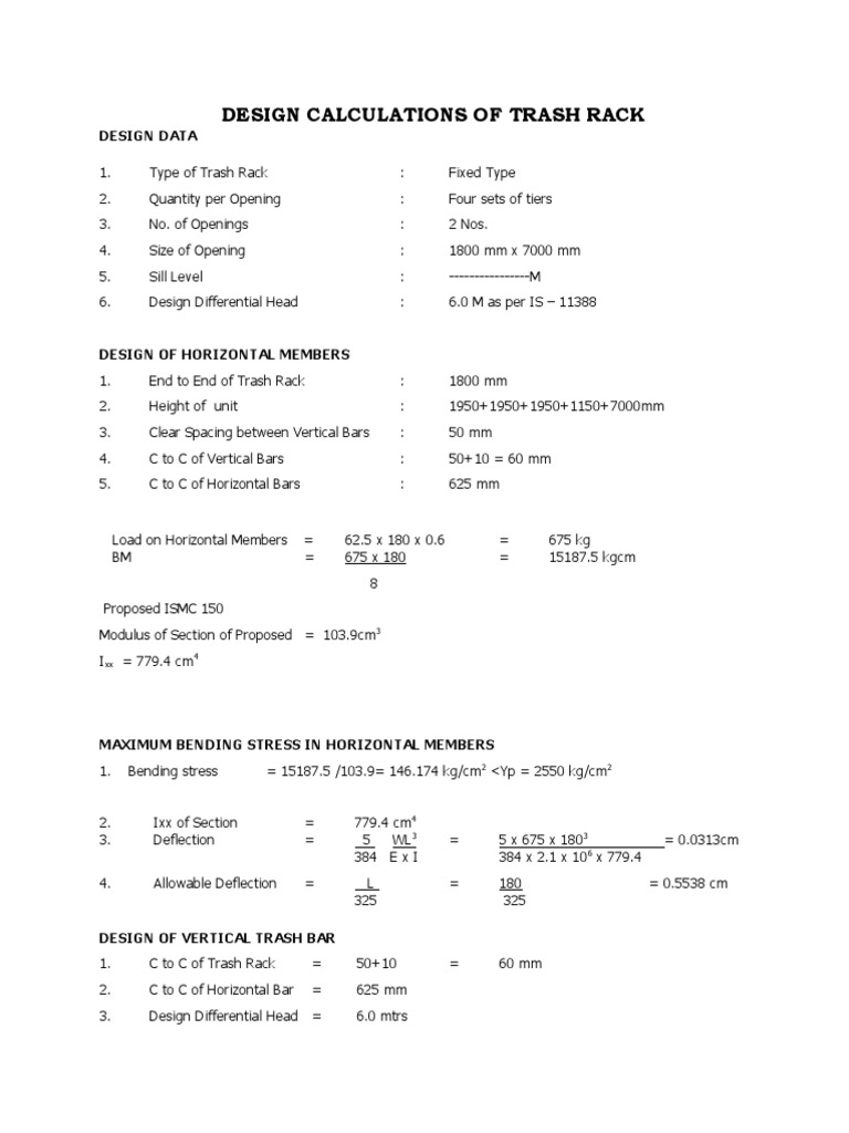 Design Calculations of Trash Rack | PDF | Bending | Applied And ...