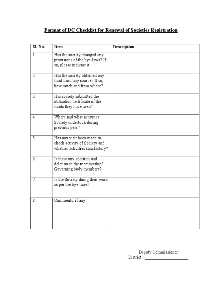 Format of DC Checklist For Renewal of Societies Registration | PDF