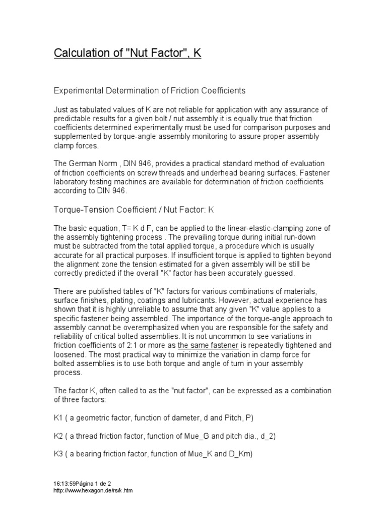 Calculation of Nut Factor, K | PDF | Nut (Hardware) | Screw