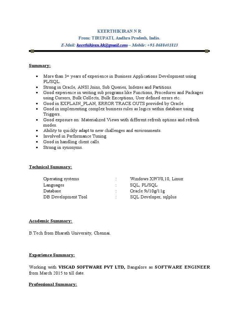Keerthi Resume For Manoj | PDF | Pl/Sql | Sql
