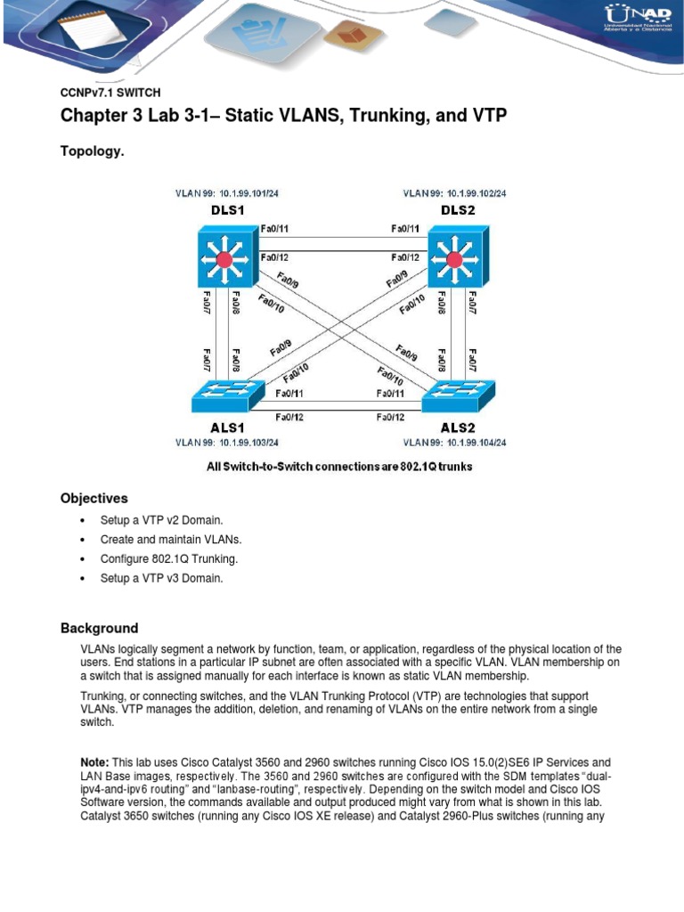 CCNPv7.1 SWITCH Lab3-1 VLAN-TRUNK-VTP STUDENT PDF | PDF | Network Switch | Computer Standards