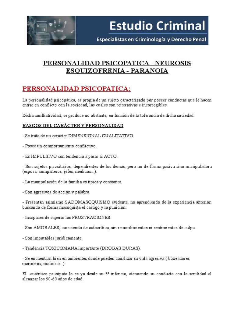 Personalidad Psicopática. Psicopatía. Neurosis. Esquizofrenia. Paranoia ...