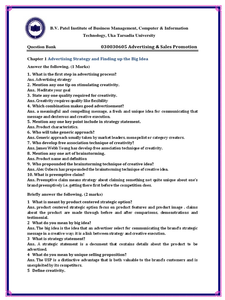 Question Bank With Answers Advertisiment and Sales Promotion PDF | PDF ...