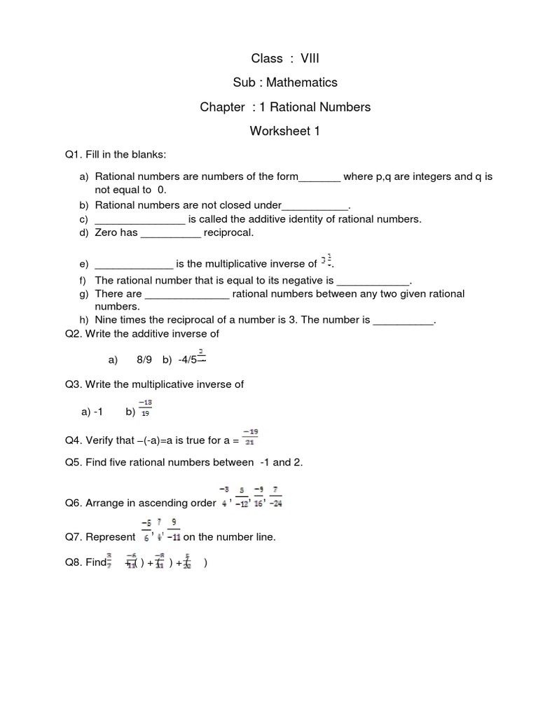 Class: VIII Sub: Mathematics Chapter: 1 Rational Numbers Worksheet 1 ...