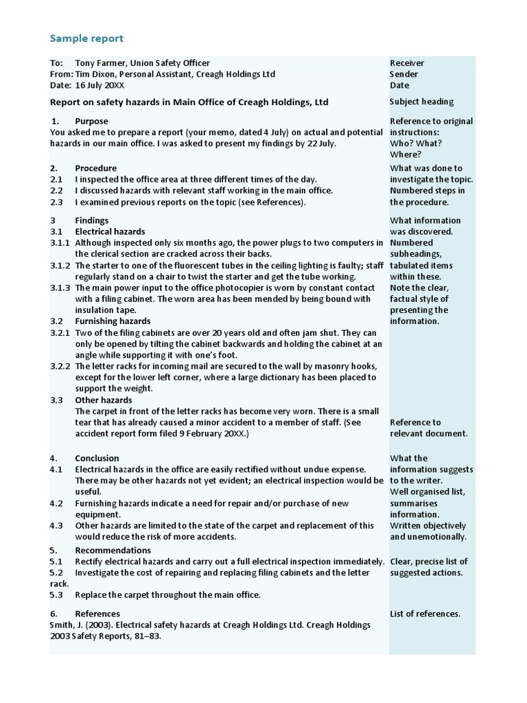 Sample Report: Report On Safety Hazards in Main Office of Creagh ...