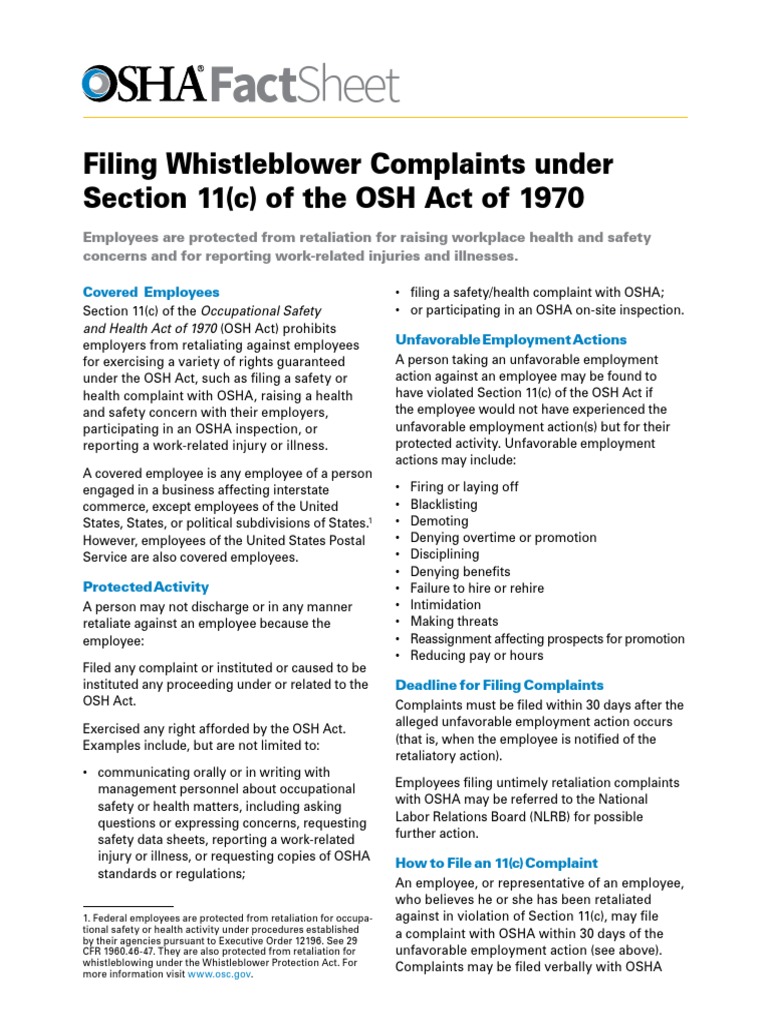 Filing Whistleblower Complaints Under Section 11 (C) of The OSH Act of ...