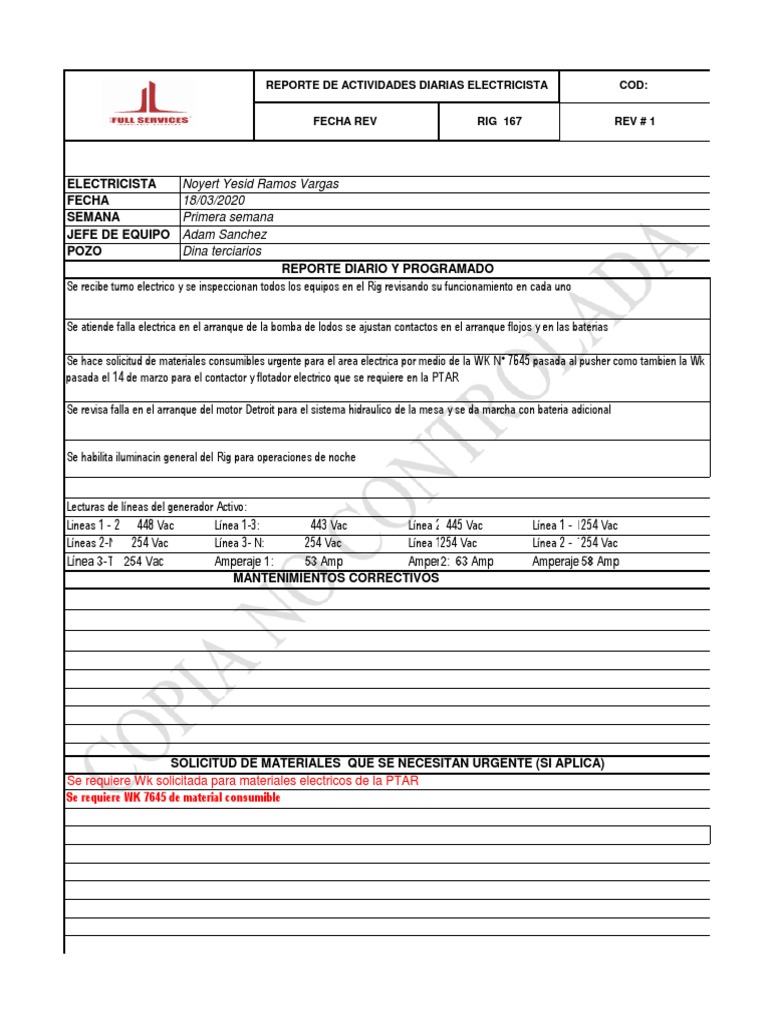 Reporte Electrico Diario Rig 167 | PDF | Informática | Tecnología