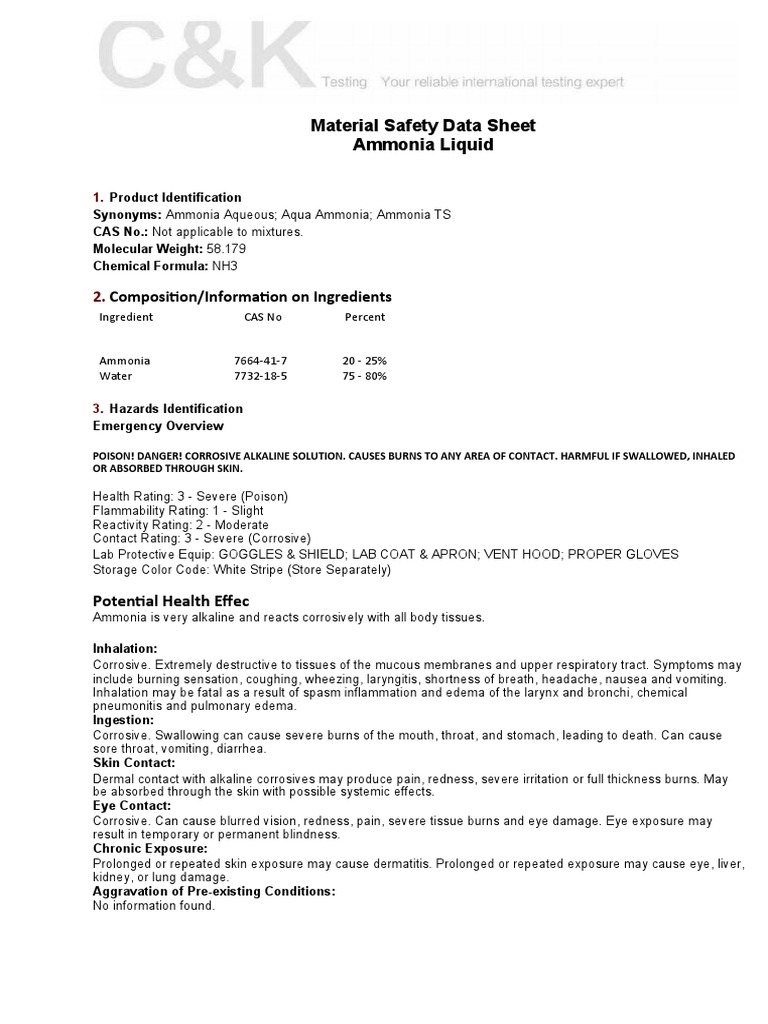MSDS Amonia Liquid | PDF | Ammonia | Chlorine