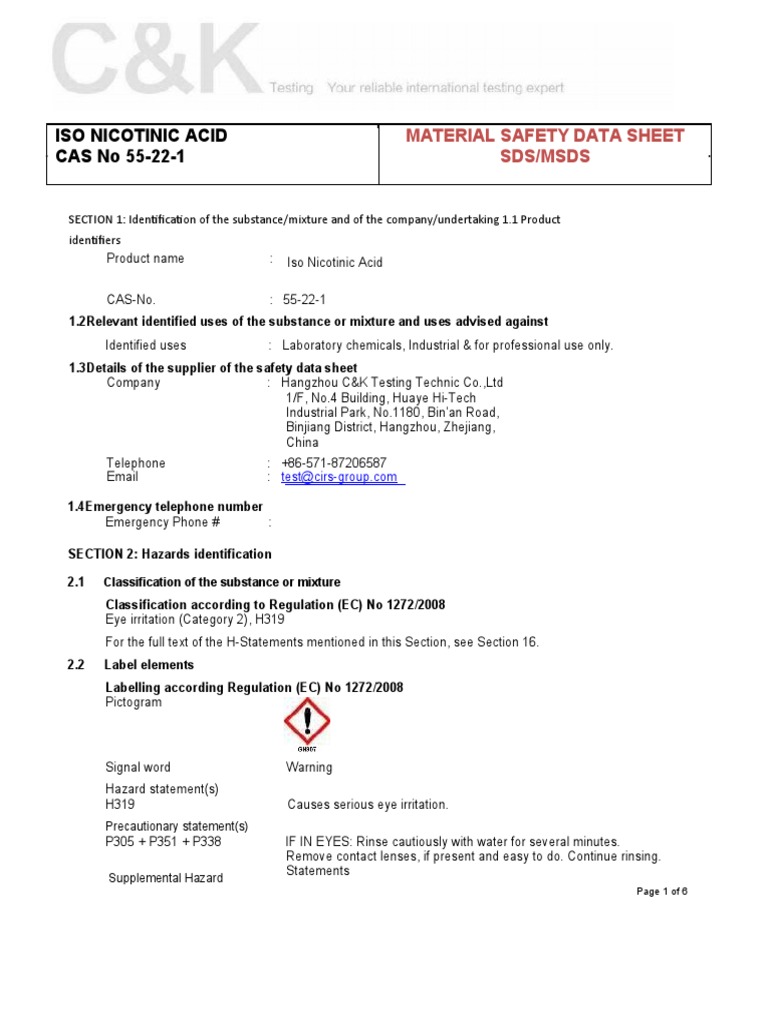 Iso Nicotinic Acid CAS No 55-22-1: Material Safety Data Sheet Sds/Msds ...