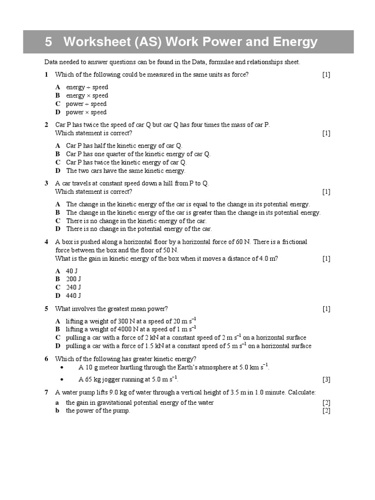 5 Worksheet (AS) Work Power and Energy | PDF | Force | Kinetic Energy